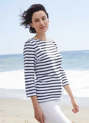 Saint James Galathee Ii 3/4 Sleeve Breton Striped Top - White/black