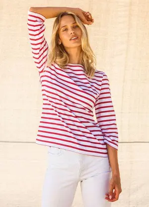 Saint James Galathee Ii 3/4 Sleeve Breton Striped Top - White/red