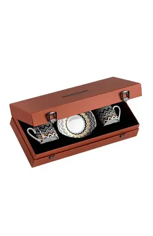 MISSONI HOME TABLEWARE Coffee Cup & Saucer Zig Zag Set Of 2 In Luxury Box Gold Diam. 2.3", H 2.5", Cap. 4 Oz - Multicolor