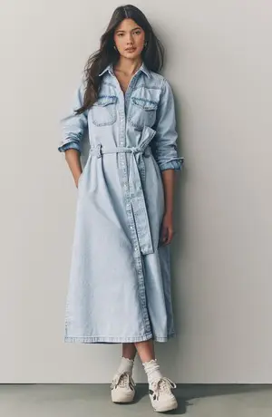 NEXT Tie Waist Long Sleeve Denim Maxi Dress