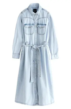 NEXT Tie Waist Long Sleeve Denim Maxi Dress - Blue