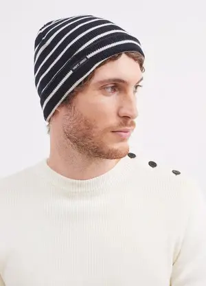 Saint James Striped Wool Blend Beanie - Navy /ivory