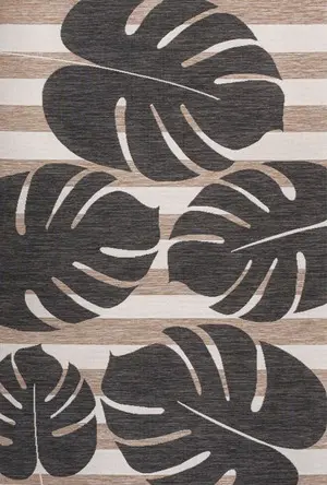 JONATHAN Y Allison Classic Beach Stripe And Monstera Leaf Indoor/outdoor Area Rug - Black/beige