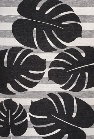 JONATHAN Y Allison Classic Beach Stripe And Monstera Leaf Indoor/outdoor Area Rug - Black/gray
