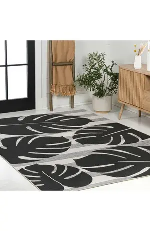 JONATHAN Y Allison Classic Beach Stripe And Monstera Leaf Indoor/outdoor Rug