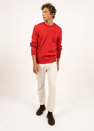 Saint James Cancale Fisherman Wool Sweater With Button Shoulder - Red