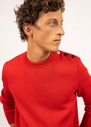Saint James Cancale Fisherman Wool Sweater With Button Shoulder - Red