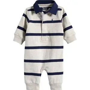 Ralph Lauren Rugby Stripe Cotton Interlock Polo Romper - Light Sport Heather Multi