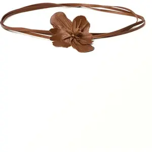 Mango Floral Leather Skinny Belt - Brown