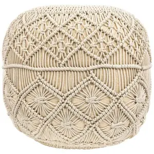 NORTHLIGHT 18" Solid Cream Macrame Round Handmade Natural Cotton Pouf Ottoman - Ivory