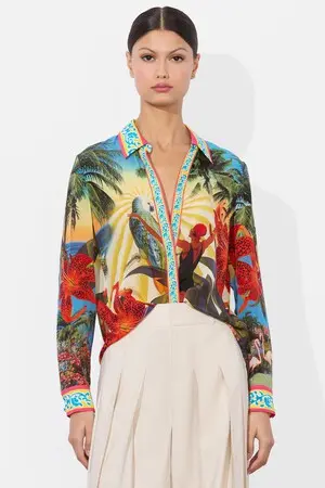 Alice + Olivia Willa Silk Island Dreams Print Blouse - Denim