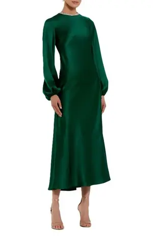 Mac Duggal High Neck Long Sleeve Crystal Embellished Satin Maxi Dress