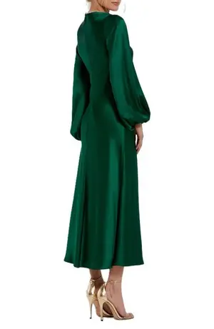 Mac Duggal High Neck Long Sleeve Crystal Embellished Satin Maxi Dress