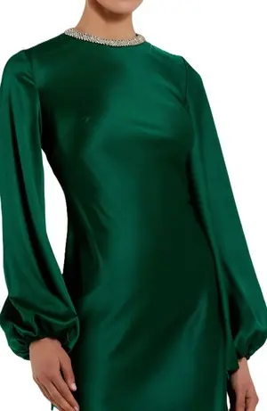 Mac Duggal High Neck Long Sleeve Crystal Embellished Satin Maxi Dress
