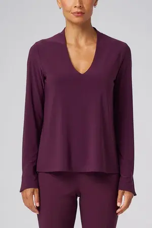 FRANNE GOLDE Luxe Stretch Long Sleeve V-neck Top - Aubergine