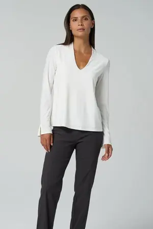 FRANNE GOLDE Luxe Stretch Long Sleeve V-neck Top - Ivory