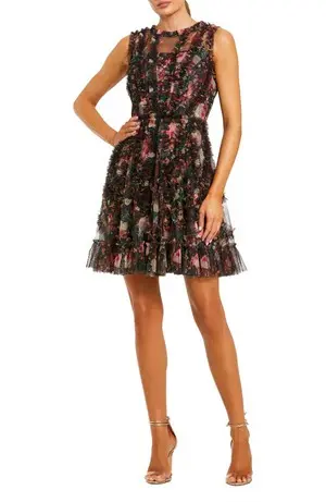 Mac Duggal Mac Duggal Floral Mesh Micro Ruffle High Neck Mini Dress Black Multi
