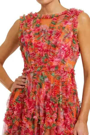 Mac Duggal Floral Mesh Micro Ruffle High Neck Mini Dress - Orange Multi
