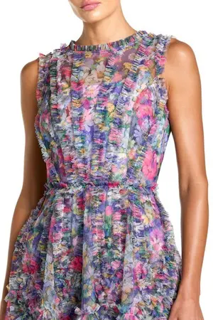 Mac Duggal Floral Mesh Micro Ruffle High Neck Mini Dress - Purple Multi