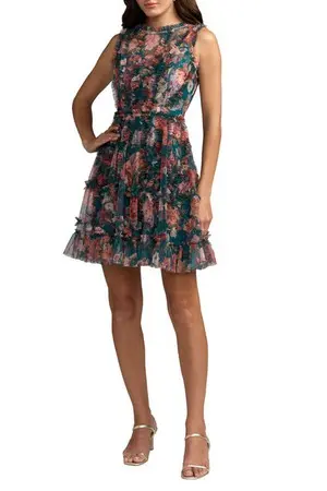 Mac Duggal Floral Mesh Micro Ruffle High Neck Mini Dress - Teal Multi