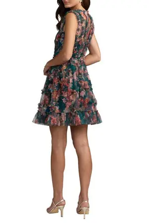 Mac Duggal Floral Mesh Micro Ruffle High Neck Mini Dress - Teal Multi