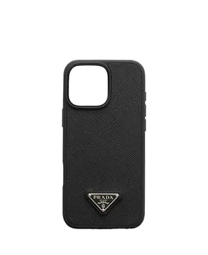 Prada Saffiano Leather Case For Iphone 16 Pro Max - Black/silver
