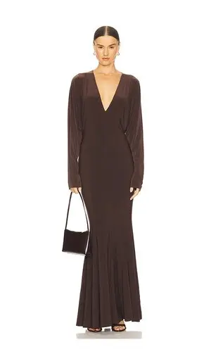 Norma Kamali X Revolve Dolman V Neck Fishtail Gown - Chocolate