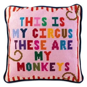 FURBISH My Circus, My Monkeys Needlepoint Decorative Pillow - Dark Blue