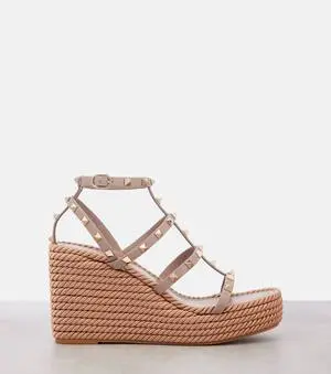 Valentino Garavani Rockstud Leather Wedge Espadrilles - Beige