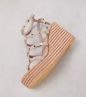 Valentino Garavani Rockstud Leather Wedge Espadrilles - Beige