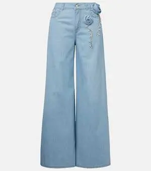 AREA Embellished Floral-appliqué Wide-leg Jeans - Blue