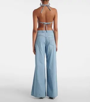 AREA Embellished Floral-appliqué Wide-leg Jeans - Blue