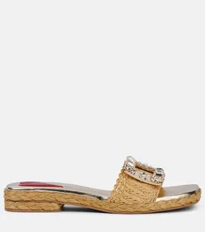 ROGER VIVIER Crystal-embellished Raffia Mules - Beige