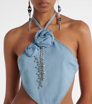 AREA Embellished Floral-appliqué Cotton Top - Blue