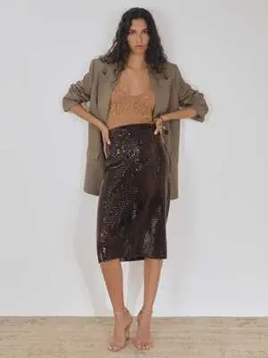 REISS Laser-cut Pencil Skirt - Chocolate