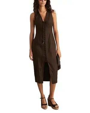 REISS Amelia Tie Detailed Midi Dress - Chocolate