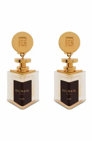 Balmain Brass Perfume Bottle Pendant Earrings - Gold