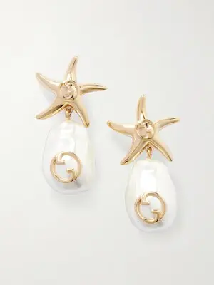 Gucci Gg Motif Faux Pearl Drop Earrings - Gold
