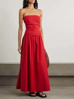 ST. AGNI Strapless Tie-back Crinkled Cotton-blend Maxi Dress - Red