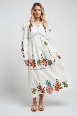 GUADALUPE DESIGN Sofia Parrot Embroidered Cotton Dress