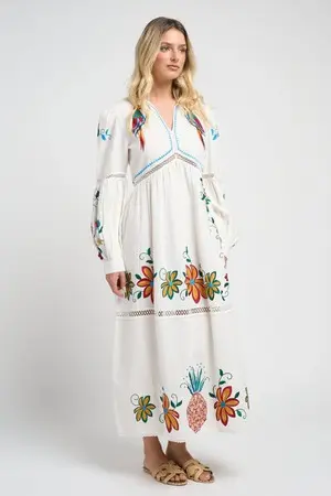 GUADALUPE DESIGN Sofia Parrot Embroidered Cotton Dress