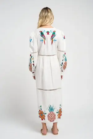 GUADALUPE DESIGN Sofia Parrot Embroidered Cotton Dress