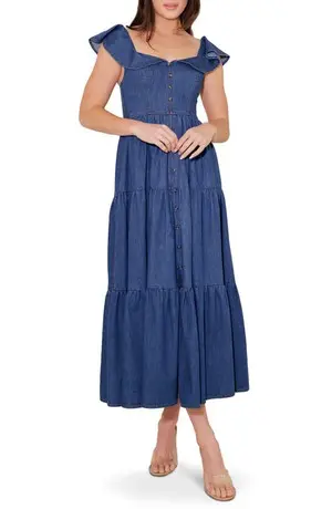 FREEMARKET Chambray Flutter Sleeve Maxi Dress