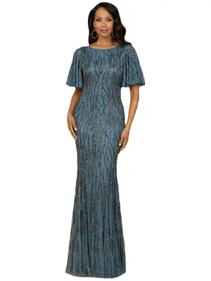 LARA NEW YORK Beaded Gown With Flutter Sleeves - Grey