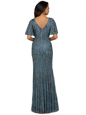 LARA NEW YORK Beaded Gown With Flutter Sleeves - Grey