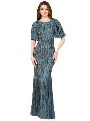 LARA NEW YORK Beaded Gown With Flutter Sleeves - Grey