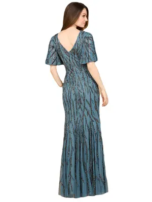 LARA NEW YORK Beaded Gown With Flutter Sleeves - Grey