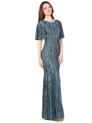LARA NEW YORK Beaded Gown With Flutter Sleeves - Grey