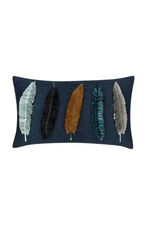 ELAINE SMITH Believe Handmade Feather Embroidered Applique Indoor & Outdoor Accent Pillow - Denim