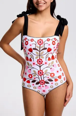 JESSIE ZHAO NEW YORK Floral Symphony Embroidered One Piece Swimsuit - White